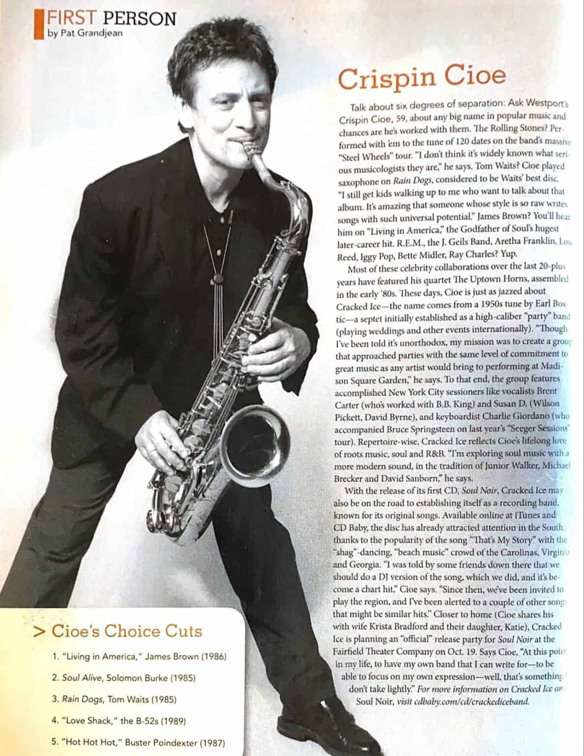 Saxist Crispin Cioe is Connecticut Magazine First Person